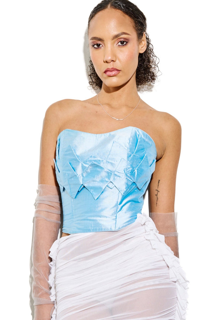 Blue silk corset with front detail – Nicole Quadrio